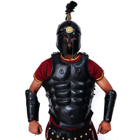 Full Body Roman Skirted Leather Armor Suit with Greek Metal Helmet LFB